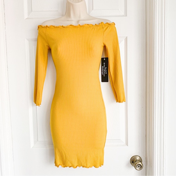 feathers | Dresses | Yellow Body Con Off Shoulder Mini Dress | Poshmark
